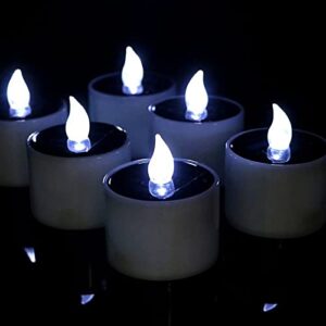 brightdaily solar powered tealights 6 pcs pack cold white flickering flameless led candle lights waterproof romantic electric tealight candles for wedding,party,window,home,garden,outdoor decorations