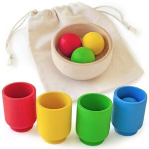 ulanik balls in cups starter kit toddler montessori toys for 1+ year old kids wooden matching game for learning color sorting and counting — 4 balls, 1.18 in