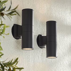 possini euro design ellis modern contemporary outdoor wall light fixtures set of 2 black aluminum 11 3/4" glass lens for exterior house porch patio outside deck garage yard front door garden home