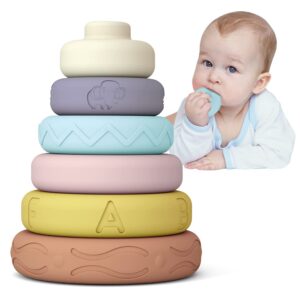 mini tudou 6 pcs baby girl toy stacking & nesting toys, soft stacking blocks ring stacker, baby sensory teethers toys w/letter, animal and shape, early learning toys for babies toddlers kids 6 months