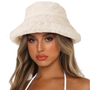 sydbecs winter bucket hat fluffy faux fur fisherman cap for women men solid color style(beige)