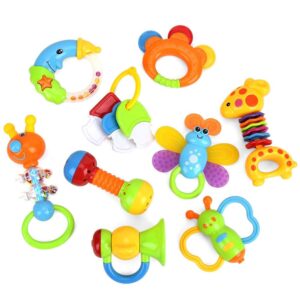 baby toys rattles teether and shakers 9 pcs, baby newborn set for hand development early educational toys for 0+, 3, 6, 9, 12 month newborn baby, toddler