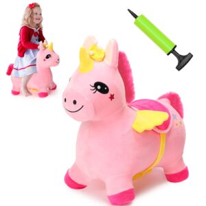 bouncy christmas pink unicorn bouncer, toddler girl bouncing animal hopper, inflatable plush hopping toy for baby first birthday gift 36 month 3 4 year old kid