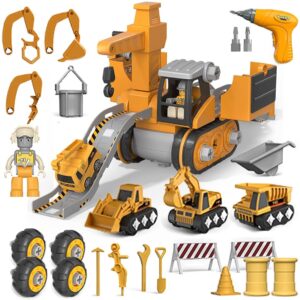 kids construction toys truck set, engineeering vehicle palyset, crane excavator bulldozer forklift, diy take apart toys with 4 mini cars for age 3-8 year old children, christmas birthday gifts boys