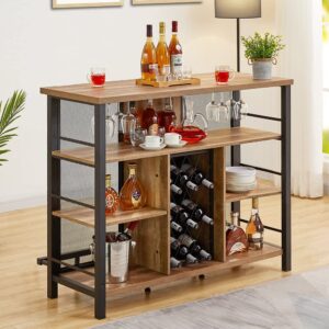 bon augure industrial home bar unit for liquor and glasses, indoor mini bars for home, rustic wine bar cabinet with stemware rack and foot rail (vintage oak)