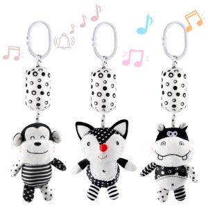 zeizrwk hanging rattles toys white & black stroller toy, newborn toys infant toys crib toys, soft plush for stroller car seat crib with wind chimes, best birthday gift for newborn(fox monkey hippo)