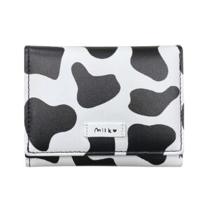 mozxirz women girls wallet cute cow print tri-fold wallet pu leather purse slim small short wallet cartoon trifold cash card holder bag (black cow)