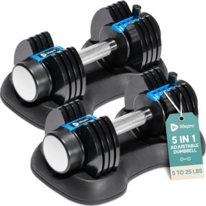 lifepro adjustable dumbbell set – 5-25 lb dumbbells set of 2, quick change rotating hand weights for women//men at home gym weight system - 5-25 pound, ideal for home strength training