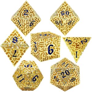 dnd dice set d&d metal dungeons and dragons hollow dice tabletop games polyhedral pathfinder multi sided roleplaying rpg mtg 7 board accessories gifts d4 d6 d8 d10 d12 d20 (golden blue)