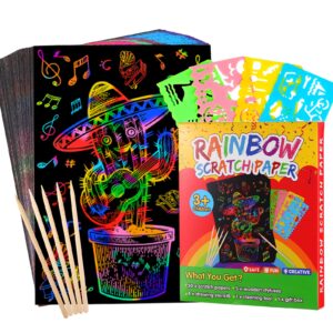 scratch art for kids - 50 pcs black scratch off art paper, rainbow scratch art with 5 stylus and 4 stencils, 4.9" x 7.1", arts and crafts for kids party games easter christmas birthday - cactus