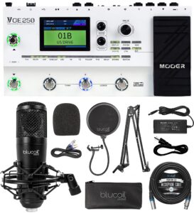 mooer ge250 guitar amp modelling and multi effects pedal bundle with blucoil cardioid condenser studio xlr microphone, boom arm plus pop filter, and 20-ft balanced xlr cable