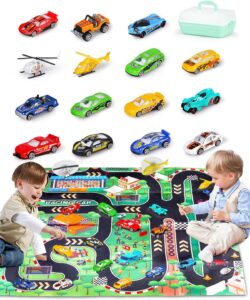 kids toy car & playmat set-car toy set for 3 year old boys-17 pcs metal racing car -vehicle car toys for boys toddlers