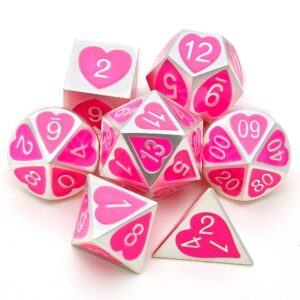 dnd metal dice set, heart-shaped pink polyhedron 7-piece set, suitable for dungeon and dragon rpg mtg or board game d &d pathfinder, etc.