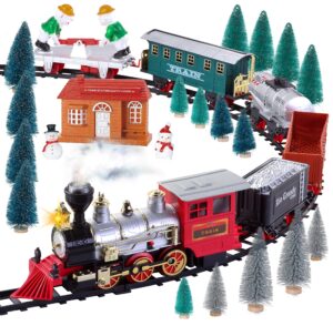 christmas toy train set, electric train gift with light, music & real smoke, travel train toys with steam locomotive, present for boys and girls