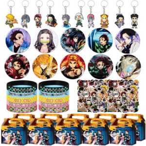 birthday party supplies, 100pcs party favors, include 10 gift case,10 bracelets,10 button pins, 10 silicone wristband, 10 key chains and 50 stickers for kids anime themed party