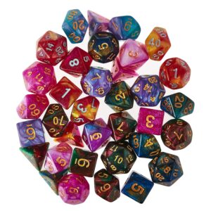 brybelly glitter bomb of polyhedral dice, 25 pc variety pack - 5 sets of sparkle bulk rpg tabletop game pieces & accessories in bulk - ttrpg essential starter kit and extra dnd items for gaming