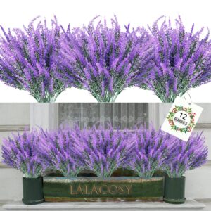 lalacosy 12 bundles artificial flowers for outdoors uv resistant fake plants decor no fade faux lavender flowers garden porch window box decorating (purple)