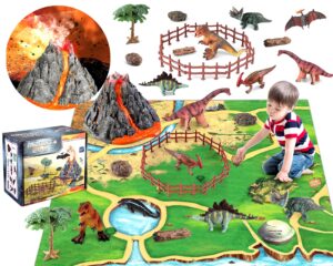 kramow dinosaur volcano figures toy with mat, mist-spouting volcano playset with realistic dinosaurs,stone and tree to create a dinosaur world educational for kids boys girls age 3+