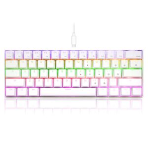 redthunder 60% mechanical gaming keyboard, 61 keys ultra-compact wired mini keyboard, rainbow rgb backlight for typist laptop pc mac gamer (white, red switch)