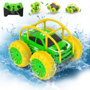 remote control car, amphibious rc stunt car 360° flip & rotation rc car for kids with cool led 2.4ghz 4wd all terrain indoor outdoor toys gift for 3-12 boys girls - 2 rechargeable batteries included