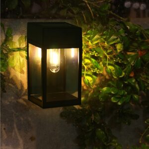 lxcom lighting solar wall light outdoor solar deck lights solar powered led wall light lantern waterproof wall sconce decorative solar fence lights for home garden lawn, warm white