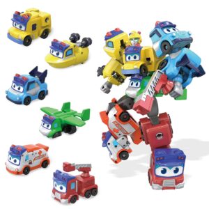 go go bus stop action figure toy vehicle playsets, cute cartoon 6 in 1 transforming vehicles transform into 11" robot, durable toys for boys girls kids