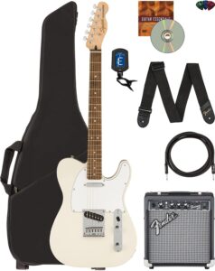 fender affinity series telecaster - olympic white bundle with frontman 10g amplifier, gig bag, tuner, instrument cable, strap, picks, and austin bazaar instructional dvd