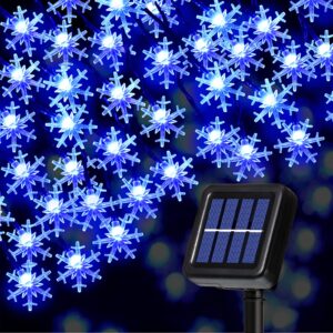 snowflake solar string lights, 50led 23ft 8 modes waterproof solar powered string fairy lights for patio home gardens outdoor holiday christmas tree party decorations (blue)