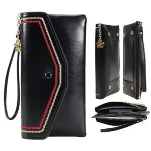 enyisdan detachable wristlet wallets for women 2-in-1 long purse clutch embroidery leather zip black