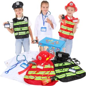 fedio kids dress up trunk boys role play costume set for kids age 3-7, doctor,police, fireman costume with accessories for dress up