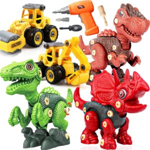 5 in 1 take apart dinosaur & truck toys for kids, take apart toys with electric drill stem dinosaur building construction educational learning toy for kids girls boys 3 4 5 6 7 year old