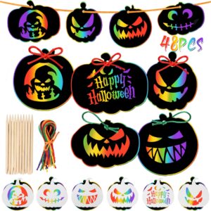 julmelon 48 pieces halloween scratch paper crafts kit bulk of halloween pumpkins magic rainbow scratch art for kids diy party ornaments halloween decor with 6 pcs halloween pumpkins stencils