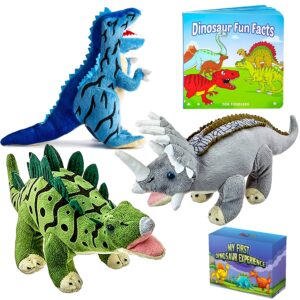 dazmers dino stuffed animals - 12 inch plush toys with board book: big colorful set for toddlers ages 1-3. soft & cuddly dinosaur gift - t-rex, triceratops, stegosaurus. learn & play