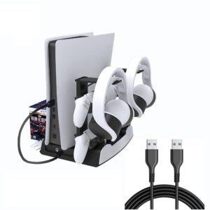 ejgame vertical stand dual charging station with suction cooling fan compatible with ps5 console and ps5 digital edition, built-in headset holder,media remote stand and13 game rack organizer