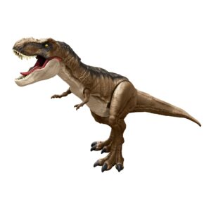 mattel jurassic world super colossal dinosaur action figure, large tyrannosaurus rex dino toy with eating feature, 3+ feet long t rex