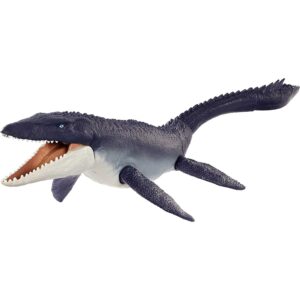 mattel jurassic world dominion ocean protector mosasaurus dinosaur action figure from 1 pound of recycled plastic, movable joints, toy gift with physical and digital play