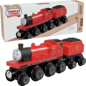 thomas & friends wooden railway toy train james push-along wood engine & coal car for toddlers & preschool kids ages 2+ years (amazon exclusive)