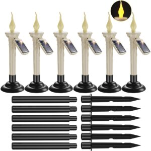 solar window candles with candlesticks holders, pchero 6 packs waterproof rechargeable led taper candles with dusk to dawn light sensor for outdoor garden patio table windowsill decor