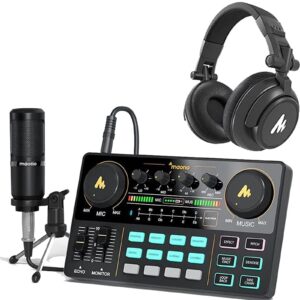 maono podcast equipment bundle audio interface with studio headphone, maonocaster lite portable all-in-one podcast production studio with 3.5mm microphone for guitar, live streaming, pc, recording