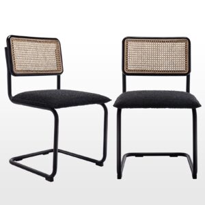 zesthouse natural rattan dining chairs set of 2, modern kitchen chairs with solid wood back for dining room living room, mid century breuer design inspired, upholstered boule fabric, black