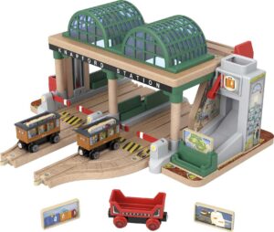 thomas & friends wooden railway toy train set knapford station passenger pickup wood playset for preschool kids ages 3+ years