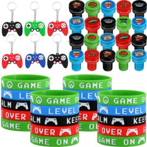 60 pieces video game party favors gifts set includes 20 video game bracelets wristbands, 24 video game stampers, 16 game handle keychains for game party supplies (classic style)