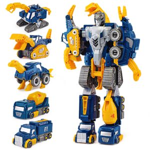 toddler construction car transform set, 5pcs dinosaur rescue robot with magnetic connectors, assemble building trucks diy stem toy, holiday birthday present for kids boy girl 3 4 5 6 7 year