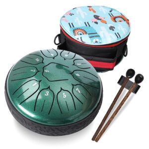 ubblove steel tongue drum 11 notes 6 inch handpan drum percussion instruments with mallets bag for meditation musical education concert party gifts - green