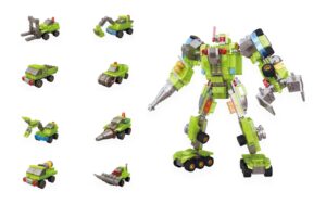 kookamunga kids 8-in-1 green robot building block kit - 8 mini toys transform into 1 large robot toy - interlocking blocks - transforming buildable set for kids - works with other blocks (318 pieces)