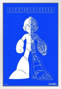 mega man blueprint art video game video gamer classic retro vintage 90s gaming megaman capcom legacy collection megaman 11 mega man x dr wily white wood framed poster 14x20