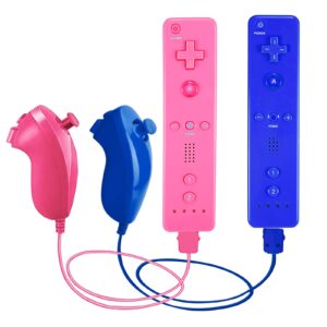 pgyfdal 2 pack remote controller and nunchuck joystick for wii console, gamepad with silicone case and wrist strap (pink and dark blue)