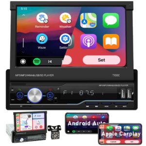 7 inch single din car stereo, apple carplay android auto flip out car touchscreen radio with bluetooth,mirror link,backup camera, usb/aux input,am/fm