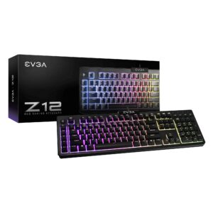 evga z12 rgb gaming keyboard, rgb backlit led, 5 programmable macro keys, dedicated media keys, water resistant, 834-w0-12us-kr, black