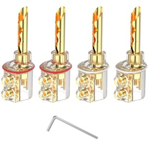 preffair 4pcs 24k gold plated bfa locking banana plug audiophile transparent z-type double screw connector terminal with allen wrench for speaker wire hifi audio cable cord diy.